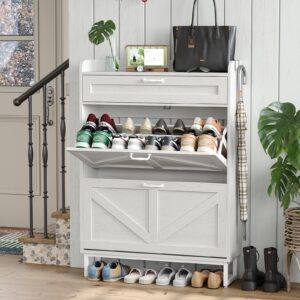 furniouse shoe storage cabinet with 2 flip drawers & 1 drawer, shoe cabinet, freestanding shoe cabinet shoe cabinet storage with mental legs for entryway, slim shoe cabinet off white