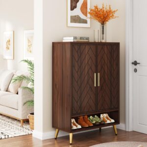 Tribesigns Shoe Cabinet with Doors, 6-Tier 18 Pairs Shoe Storage Cabinet for Entryway, Wooden Entryway Shoe Cabinet with Adjustable Shelves for Living Room, Bedroom (Walnut, Gold Legs)