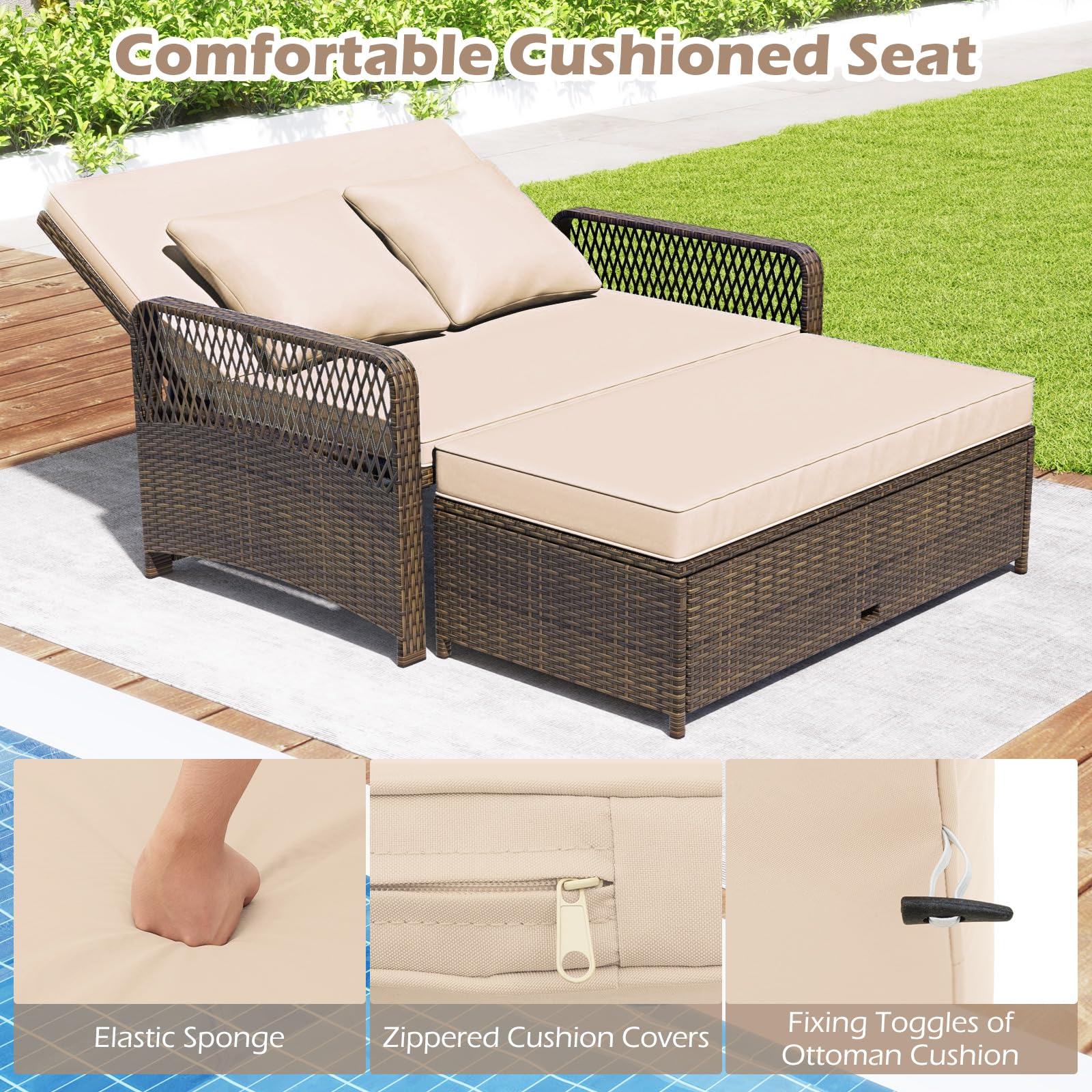 Tangkula Patio Adjustable Wicker Daybed, Rattan Loveseat & Storage Ottoman w/ 4-Level Backrest & Soft Cushions, Space-Saving 2-Person Sun Lounger for Backyard, Porch (Beige)