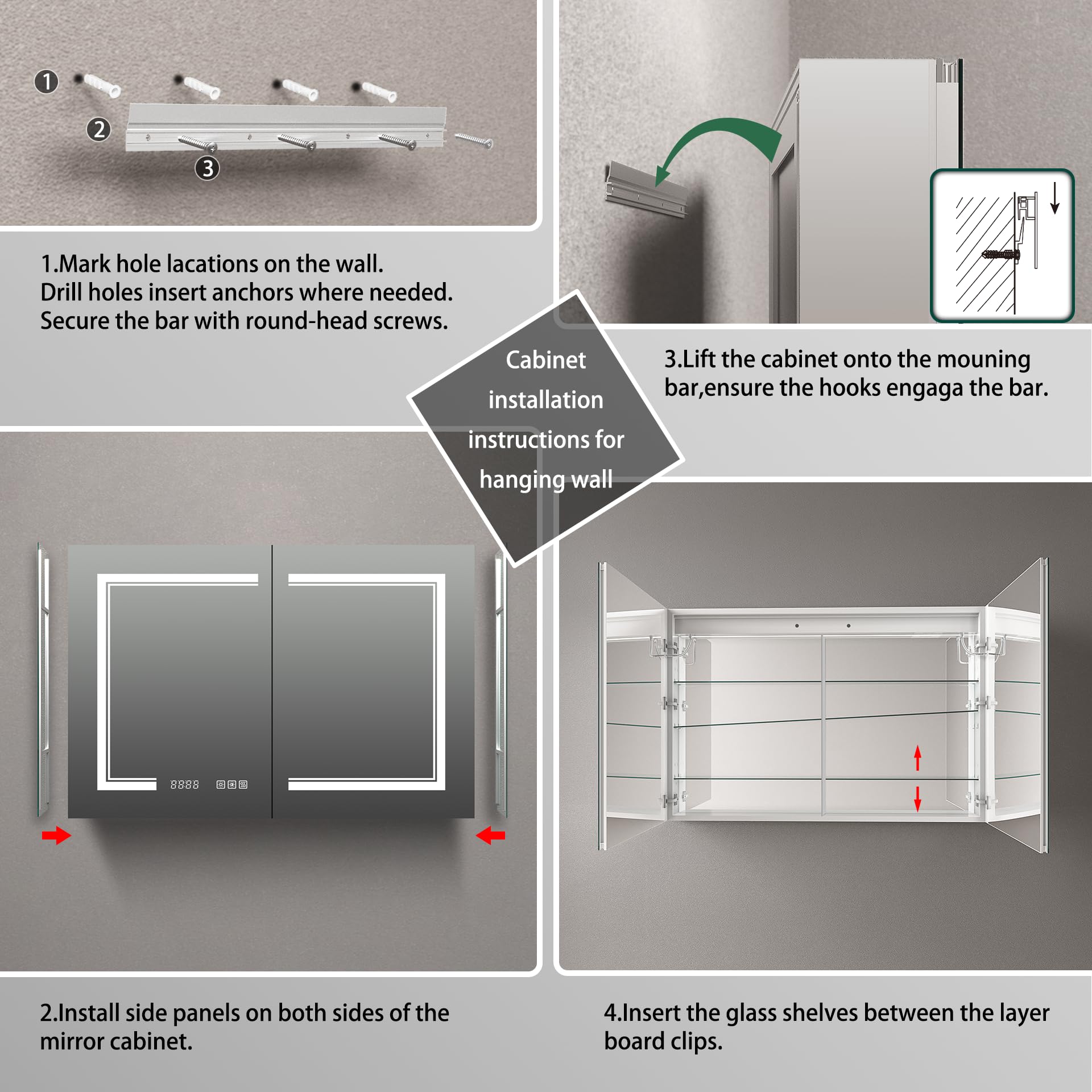 Benime 48×32 Inch Lighted Mirror Medicine Cabinet, Bathroom Wall Cabinet with Defogger, Dimmer, 3 Light Colors, Clock, Room Temp Display, Outlets, USBs, Recessed/Surface Vanity Mirror