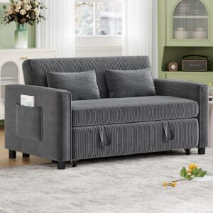 ECHINGLE 55.51" Sleeper Sofa,Corduroy Convertible Sofa Bed,Pull Out Sofa Bed with 3 Level Adjustable Backrest & Storage Pockets and 2 Toss Pillows,Modern Couch Bed for Living Room,Bedroom（Grey）