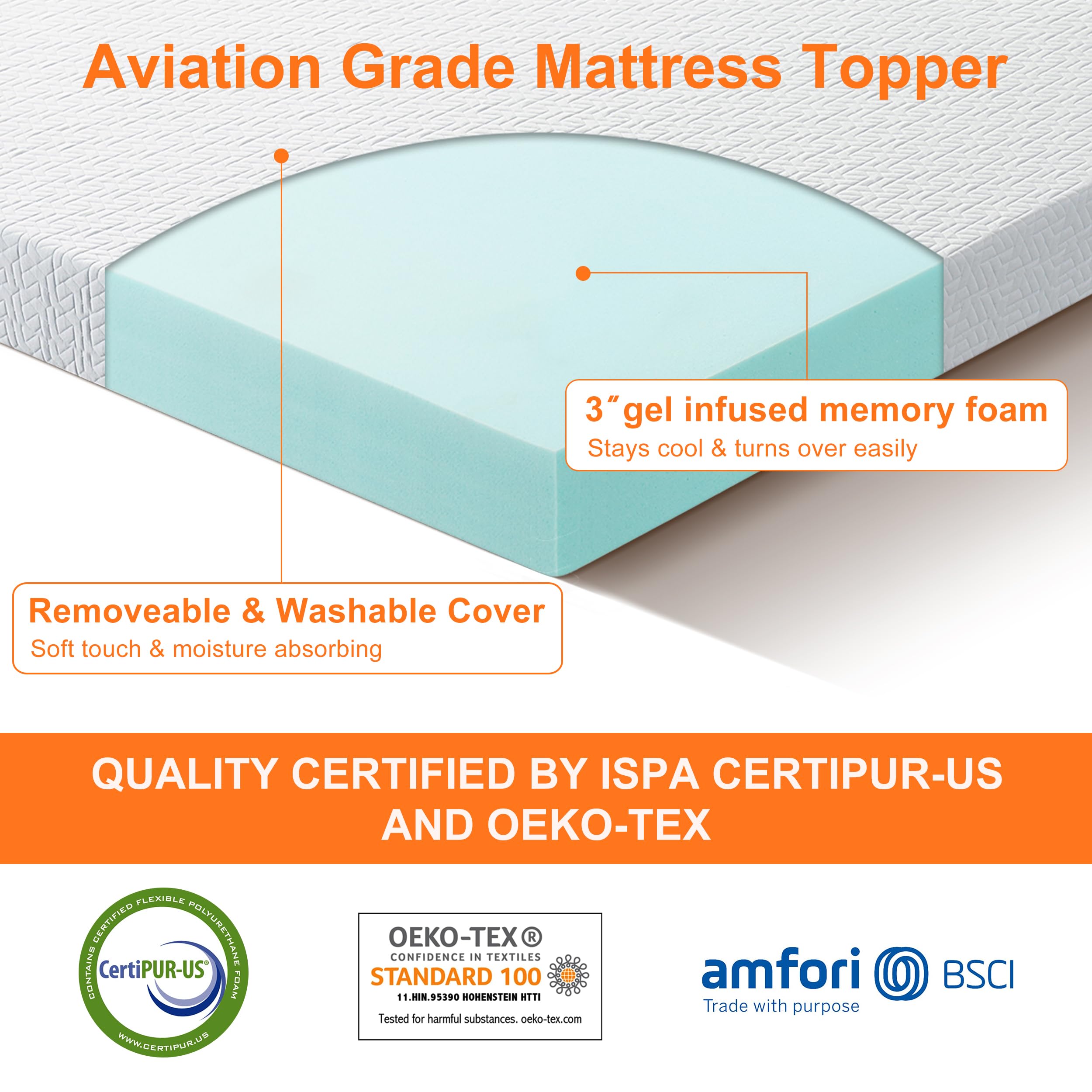 3 Inch Gel Memory Foam Cooling Mattress Topper Queen Size, Mattress Pad Cover for Pressure Relief, Bed Topper with Removable Cover，Soft & Breathable