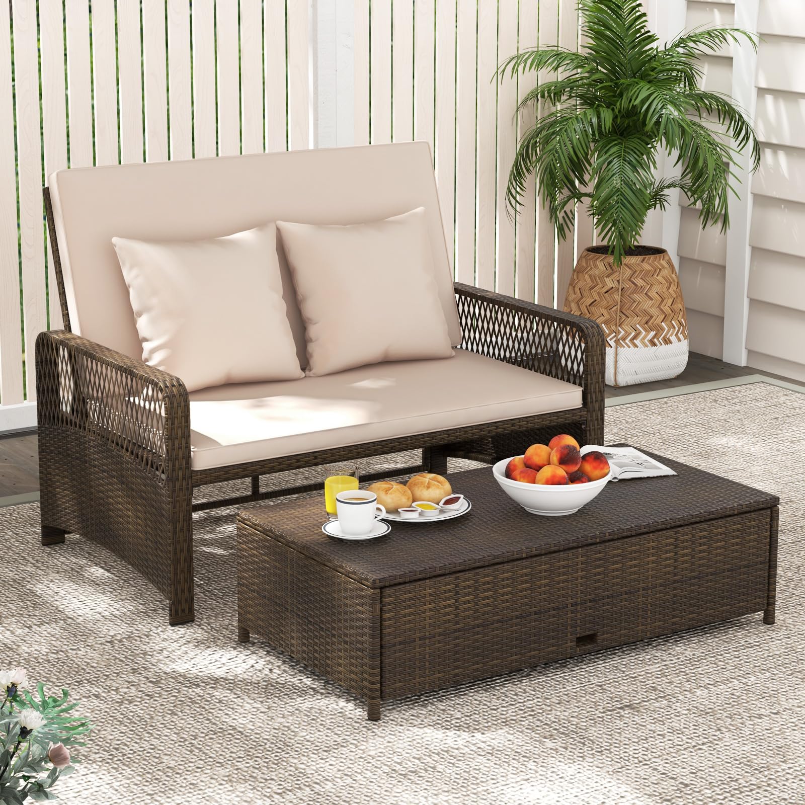 Tangkula Patio Adjustable Wicker Daybed, Rattan Loveseat & Storage Ottoman w/ 4-Level Backrest & Soft Cushions, Space-Saving 2-Person Sun Lounger for Backyard, Porch (Beige)