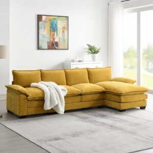 oversized chenille sectional sofa,118.5'' extra large l-shaped couch with two pillows, 5-seater comfy cloud couches with chaise lounge, comfy deep seat sofa for living room, yellow