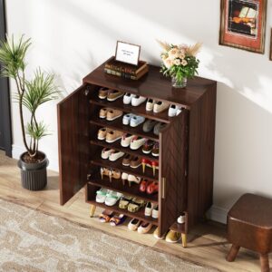 Tribesigns Shoe Cabinet with Doors, 6-Tier 18 Pairs Shoe Storage Cabinet for Entryway, Wooden Entryway Shoe Cabinet with Adjustable Shelves for Living Room, Bedroom (Walnut, Gold Legs)