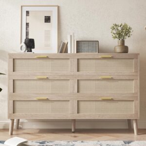 garveehome 6 drawer rattan dresser, 47.2" x 15.7" x 29.5" rattan chest of dressers, mid century modern dresser for closet with handles, large table top, dresser bedroom, living room, hallway, entryway