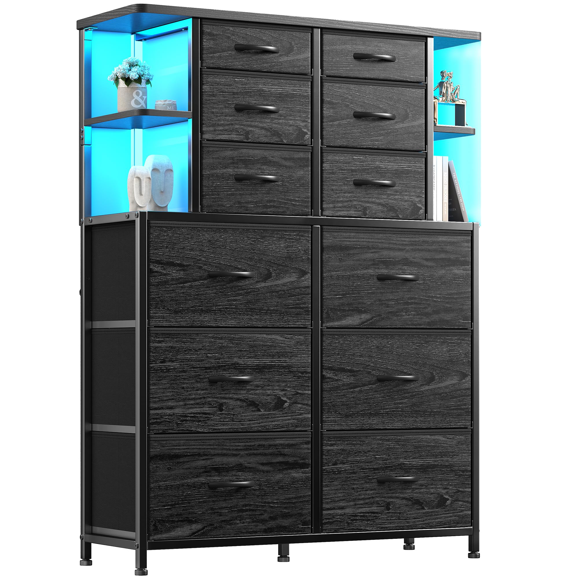 EnHomee Dresser for Bedroom with LED Lights, 12 Drawers Dresser, Black Dresser and Tall Dresser with Shelves, Fabric Dressers & Chests of Drawers with Metal Frame, Black, 45.2" H x 35.4" W x 11.8" D