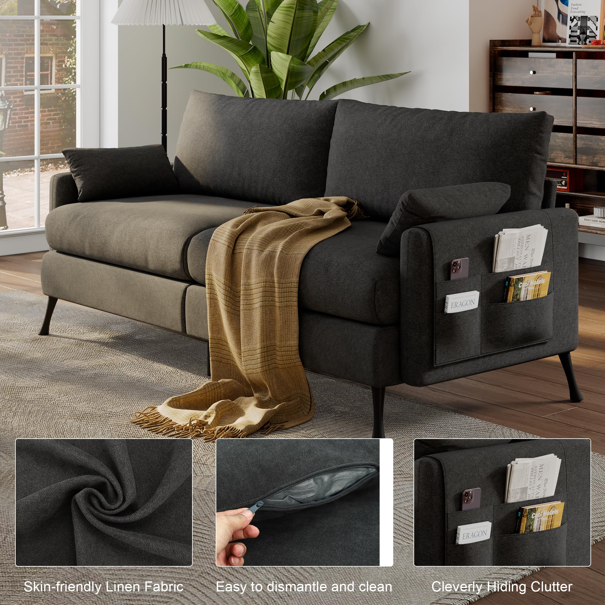 Feonase 80.7 Inch Sofa with 2 Pillows & Storage Bag, Modern Comfy Couches for Living Room, Oversized Loveseat with Thick Seat Cushion, Removable Sofa Cover, Dark Gray