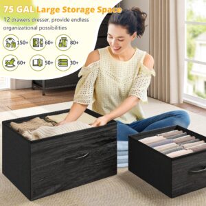 EnHomee Dresser for Bedroom with LED Lights, 12 Drawers Dresser, Black Dresser and Tall Dresser with Shelves, Fabric Dressers & Chests of Drawers with Metal Frame, Black, 45.2" H x 35.4" W x 11.8" D