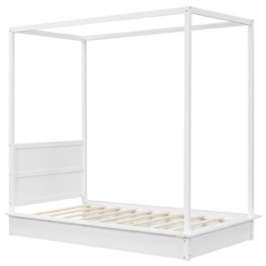 BOVZA Twin Size Canopy Bed Frame with LED Lights and Headboard, Wooden 4-Post Canopy Platform Bed with Support Slats, No Box Spring Needed, White