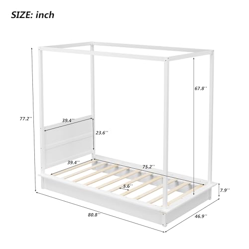 BOVZA Twin Size Canopy Bed Frame with LED Lights and Headboard, Wooden 4-Post Canopy Platform Bed with Support Slats, No Box Spring Needed, White