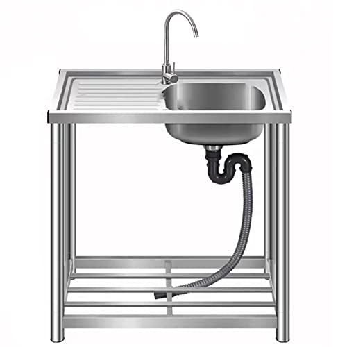 Commercial 304 Stainless Steel Sink Free Standing Single Bowl Commercial Restaurant Kitchen Sink with Left Drainboard Storage Shelve Faucet 1 Compartment Restaurant Kitchen Sink fo