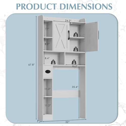 YESHOMY Over The Toilet Storage Cabinet, with 2 Farmhouse Barn Door, Tissue Holder, Adjustable Shelves, White