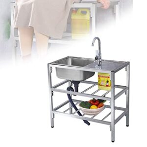 free standing stainless-steel sink single bowl commercial restaurant kitchen station set w/faucet & drainboard, prep & utility washing hand basin w/workbench & double storage she