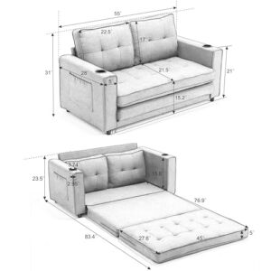 3 Fold Tufted Upholstered Futon Sofa Bed Modern Convertible Foldable Loveseat Floor Sofabed with Pull Out Sleeper Couch Daybed W/Cupholders and Pockets for Living Room