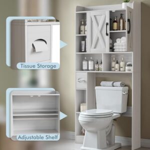 YESHOMY Over The Toilet Storage Cabinet, with 2 Farmhouse Barn Door, Tissue Holder, Adjustable Shelves, White