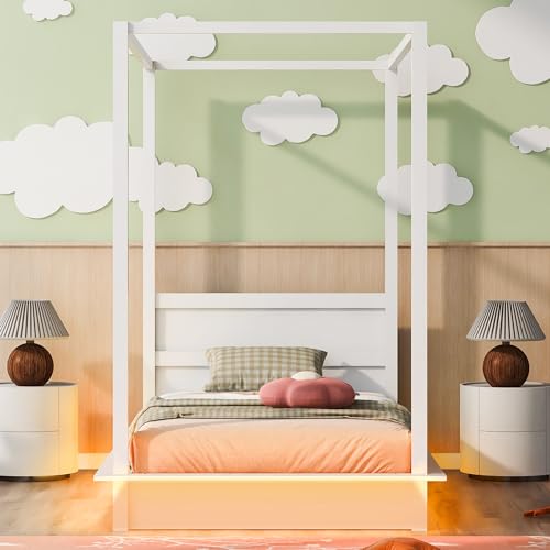 BOVZA Twin Size Canopy Bed Frame with LED Lights and Headboard, Wooden 4-Post Canopy Platform Bed with Support Slats, No Box Spring Needed, White