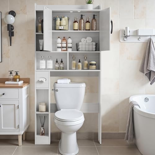 YESHOMY Over The Toilet Storage Cabinet, with 2 Farmhouse Barn Door, Tissue Holder, Adjustable Shelves, White