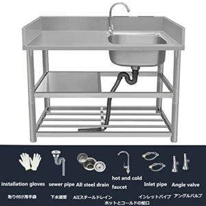 Kitchen Sinks, Single Bowl Kitchen Sinks Stainless Steel Single Bowl Sink, Workstation Farmhouse Sink, Utility Sink with Drainboard, with Cold Hot Faucet, for Garden Bar Laundry FA