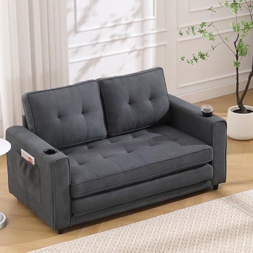 3 Fold Tufted Upholstered Futon Sofa Bed Modern Convertible Foldable Loveseat Floor Sofabed with Pull Out Sleeper Couch Daybed W/Cupholders and Pockets for Living Room