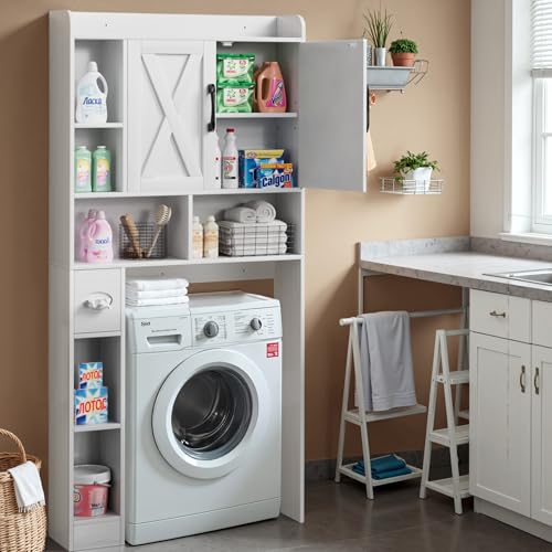 YESHOMY Over The Toilet Storage Cabinet, with 2 Farmhouse Barn Door, Tissue Holder, Adjustable Shelves, White