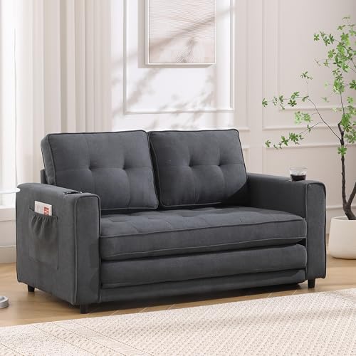 3 Fold Tufted Upholstered Futon Sofa Bed Modern Convertible Foldable Loveseat Floor Sofabed with Pull Out Sleeper Couch Daybed W/Cupholders and Pockets for Living Room