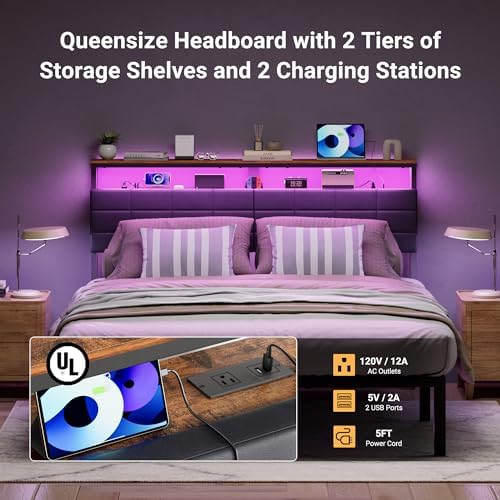 InHomFu Queen Headboard with Storage Shelf, Headboard Queensize Bed Frame with Outlets, USB Ports and LED Light, Upholstered Queen Size Headboard Height Adjustable, Stable Queen Headboard Only