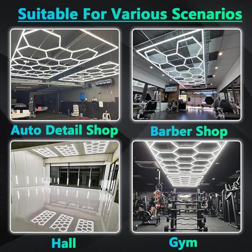 DHXYHQY 14 Hexagon LED Garage Light System Honeycomb LED Shop Lights with White Border for Garage Workshop Car Detailing Shop Exhibition Hall, 672 W 90000 LM, Ceiling Decor