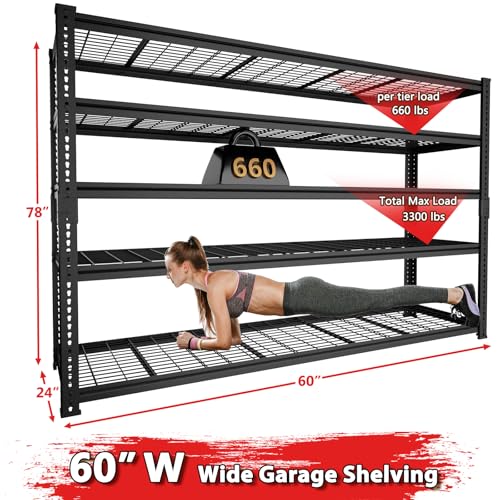 Storage Shelves, Garage Shelving Heavy Duty 3300 LBS Capacity, 60"L x 24"W x 78"H Adjustable Metal Shelving Organizer Wire Rack, 5 Tier Utility Shelf Unit for Pantry Closet Warehouse Organization