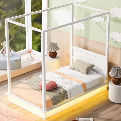 BOVZA Twin Size Canopy Bed Frame with LED Lights and Headboard, Wooden 4-Post Canopy Platform Bed with Support Slats, No Box Spring Needed, White