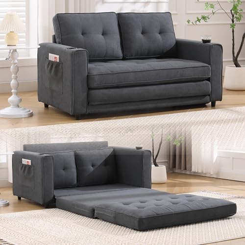 3 Fold Tufted Upholstered Futon Sofa Bed Modern Convertible Foldable Loveseat Floor Sofabed with Pull Out Sleeper Couch Daybed W/Cupholders and Pockets for Living Room