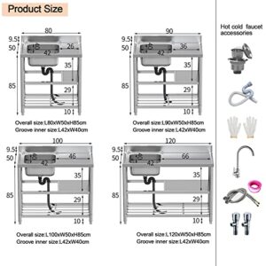 Utility Sink Single Bowl Stainless Steel Commercial Kitchen Sink w/Single Cold and Hot Faucet,with Left Right Drainboard for Laundry Backyard Garage Camping Portable Handwashing S