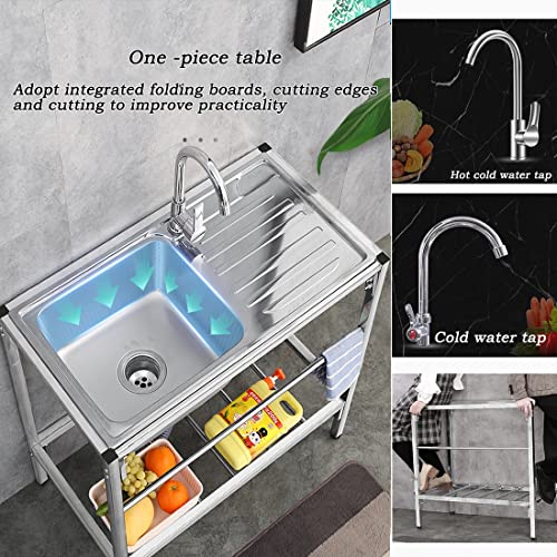 Free Standing Stainless-Steel Sink Single Bowl Commercial Restaurant Kitchen Station Set w/Faucet & Drainboard, Prep & Utility Washing Hand Basin w/Workbench & Double Storage She