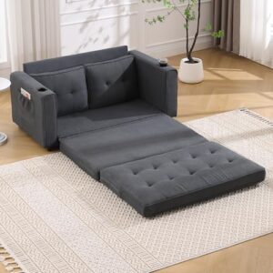 3 Fold Tufted Upholstered Futon Sofa Bed Modern Convertible Foldable Loveseat Floor Sofabed with Pull Out Sleeper Couch Daybed W/Cupholders and Pockets for Living Room