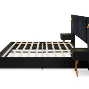 Olodumare Luxurious King Platform Bed Frame, Velvet Upholstered Headboard with 2 Built-in Wall Sconces & Nightstands, Sturdy Metal & Solid Wood Frame, Squeak-Free, No Box Spring Needed, Polar Black