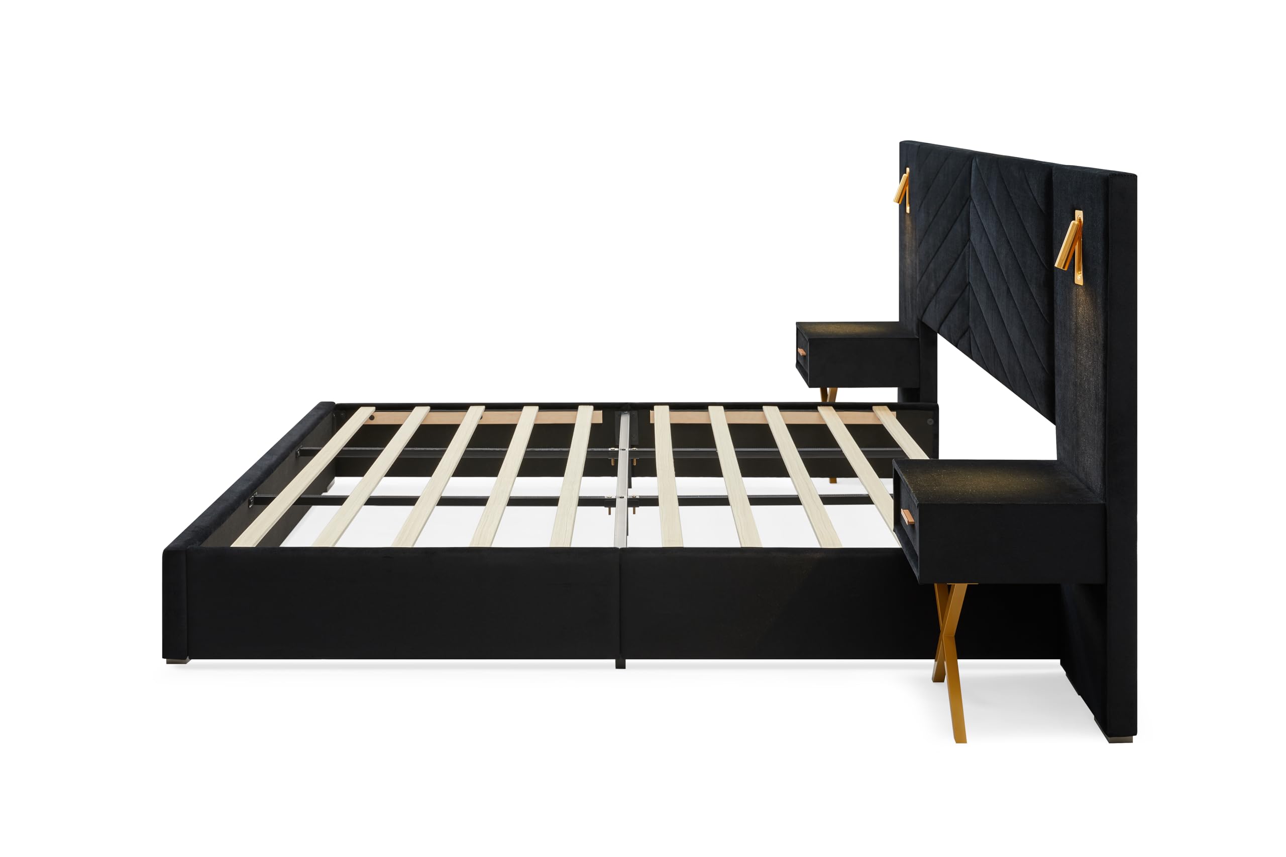 Olodumare Luxurious King Platform Bed Frame, Velvet Upholstered Headboard with 2 Built-in Wall Sconces & Nightstands, Sturdy Metal & Solid Wood Frame, Squeak-Free, No Box Spring Needed, Polar Black