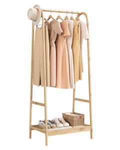 bamboo clothes rack, freestanding clothing rack with storage shelf and hanging rod, easy assemble, portable clothes rack, wooden space-saving garment rack organizer for entryway, bedroom, living room