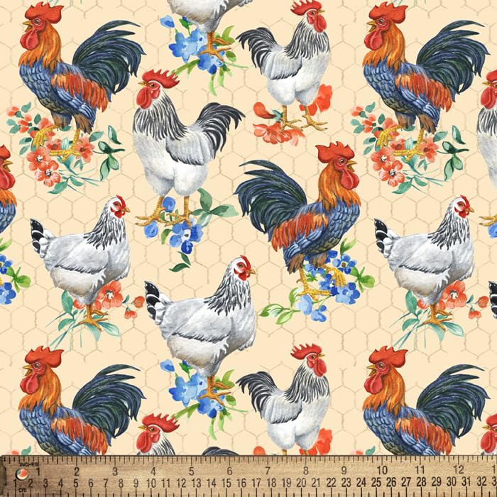 Roosters and Chickens Farm Cotton Fabric by The Yard