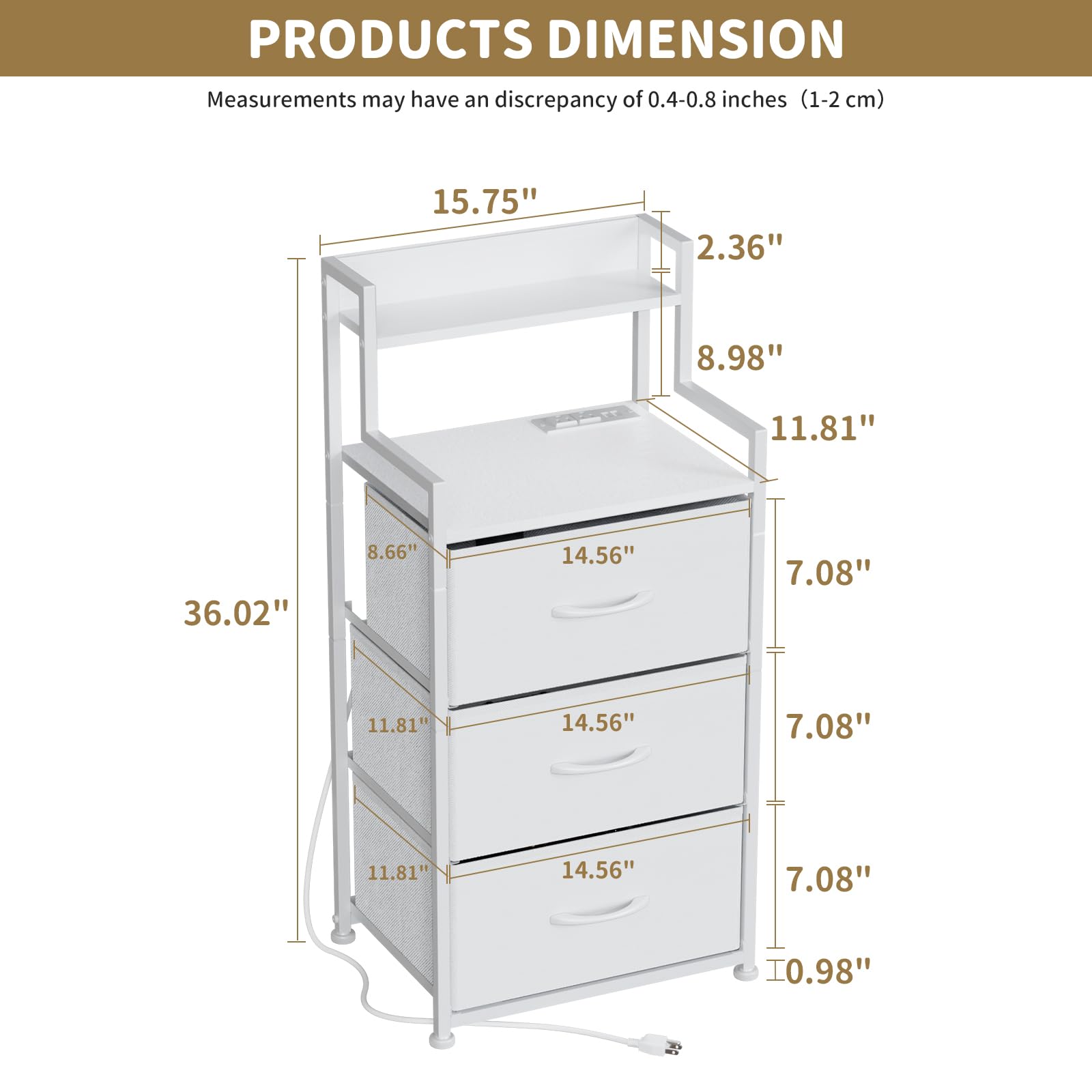 Leadpro Tall Nightstand with Light and Charging Station, Night Stand with 3 Fabric Drawers and Storage Shelf, Nightstands Bedside Tables with USB Ports Outlets for Bedroom, Home, Dorm (White)