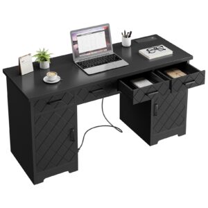 jojoka 55" executive desk, wood computer desk with drawers and cabinet, home office desk with charging station for work study writing