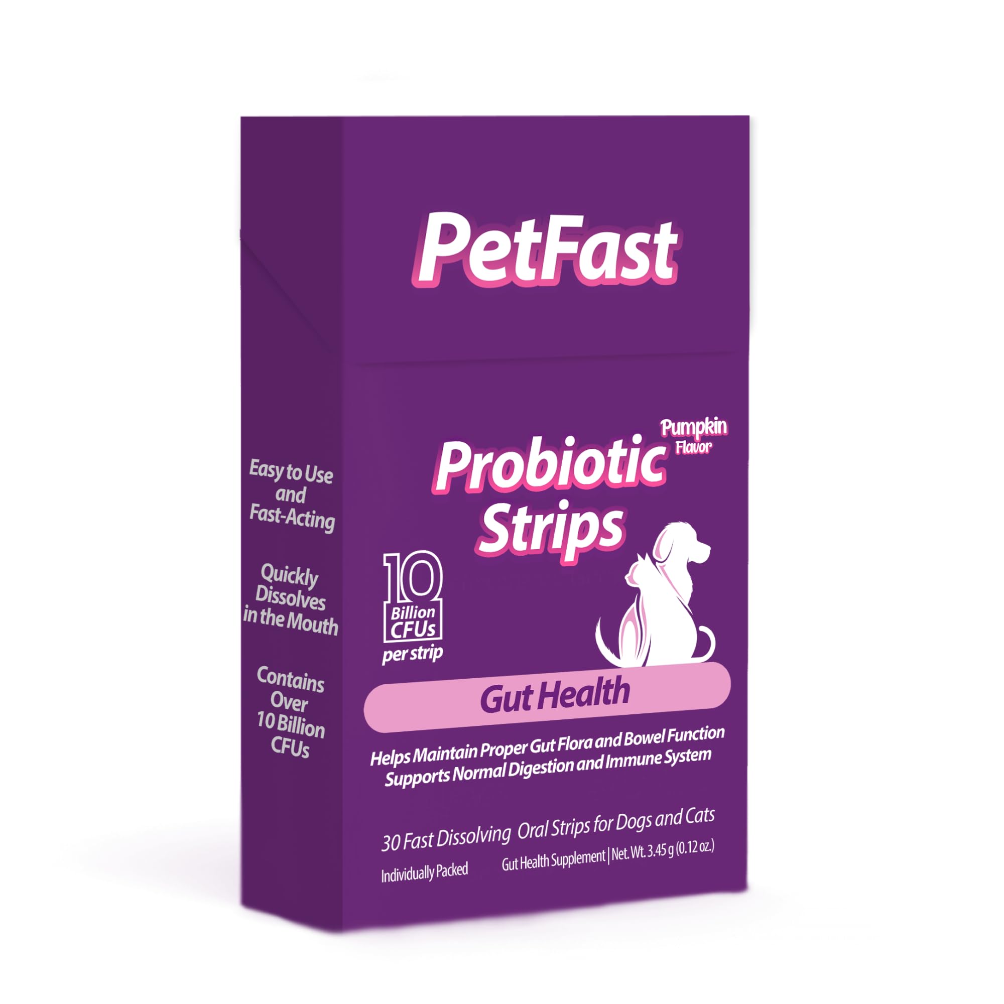 Petfast Probiotic Strips for Dogs and Cats, Pumpkin Flavor, 10 Billion CFUs, 30 Fast Dissolving Oral Strips, Improved Gut Health