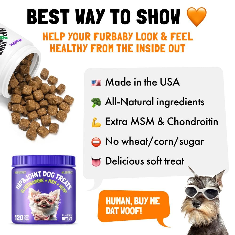 LEGITPET Hemp Hip & Joint Supplement for Dogs 120 Soft Chews and Omega 3 Alaskan Salmon Oil Treats for Dogs 120 Chews