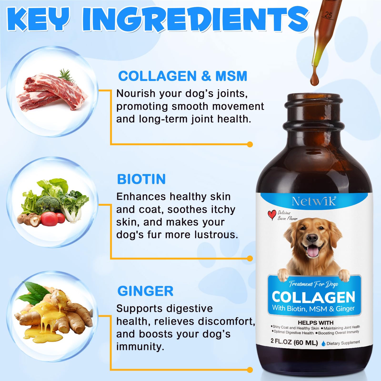 Collagen for Dogs - Skin and Coat Supplement for Dogs, Dog Liquid Collagen, Collagen Supplement for Dogs - Collagen with Biotin, MSM & Ginger - 2 fl oz