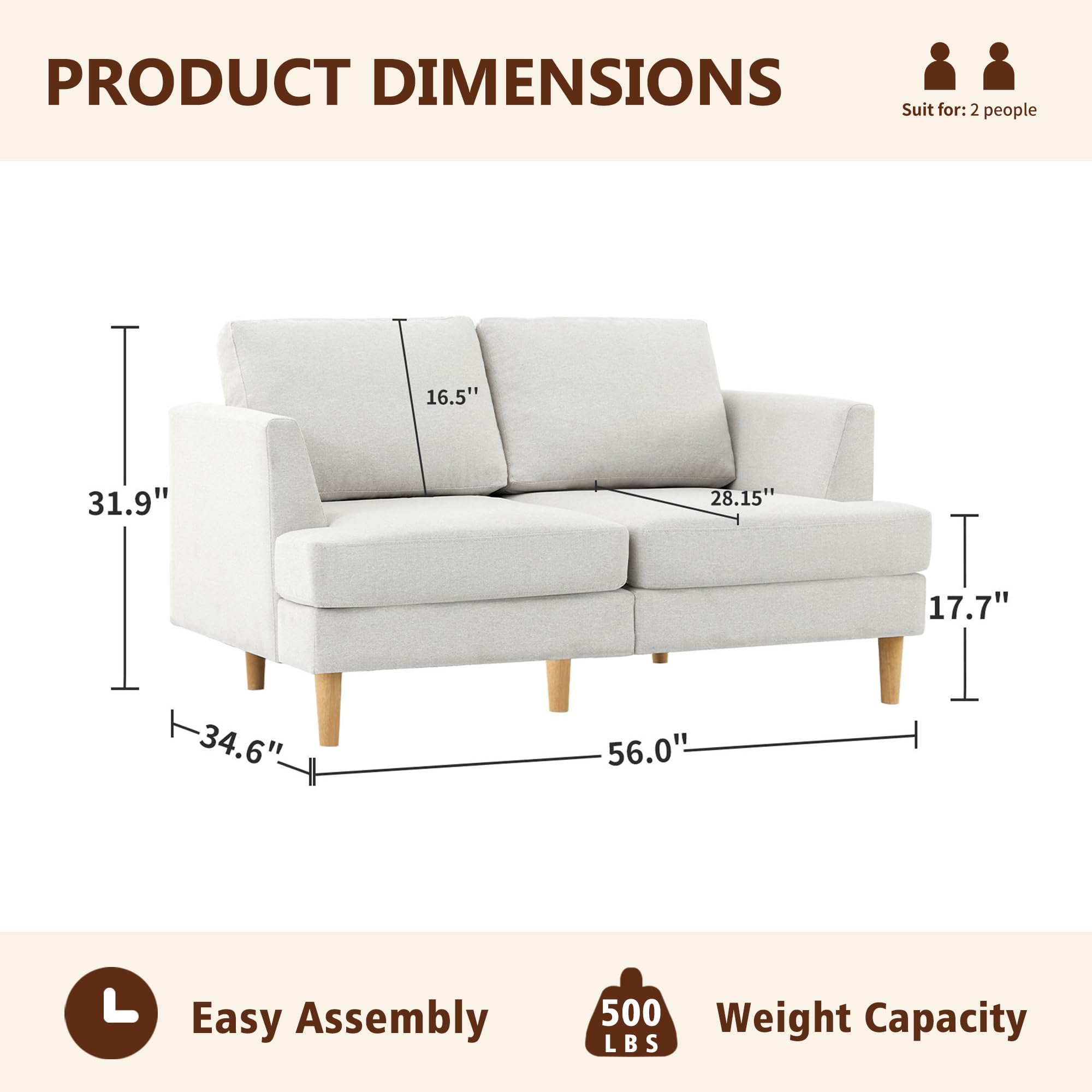 Busaurus Loveseat Sofa 56" Mid Century Modern Small Couches for Small Spaces Love Seat with 2-Seat Upholstered Cushion Sofa Couches for Bedroom, Living Room, Apartment, Office (Beige)