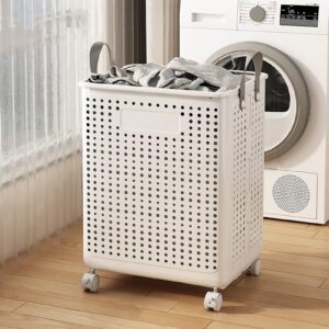 samfansar laundry basket with wheels, large capacity handle design, waterproof dirty clothes storage hamper laundry basket with breathable mesh holes white-l