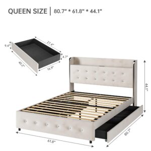 Senfot Queen Size Bed Frame, Upholstered Bed Frame with 4 Storage Drawers, Platform Bed Frame with Diamond Tufted Headboard, Wood Slat Support, No Springs Required, Easy to Assemble, White