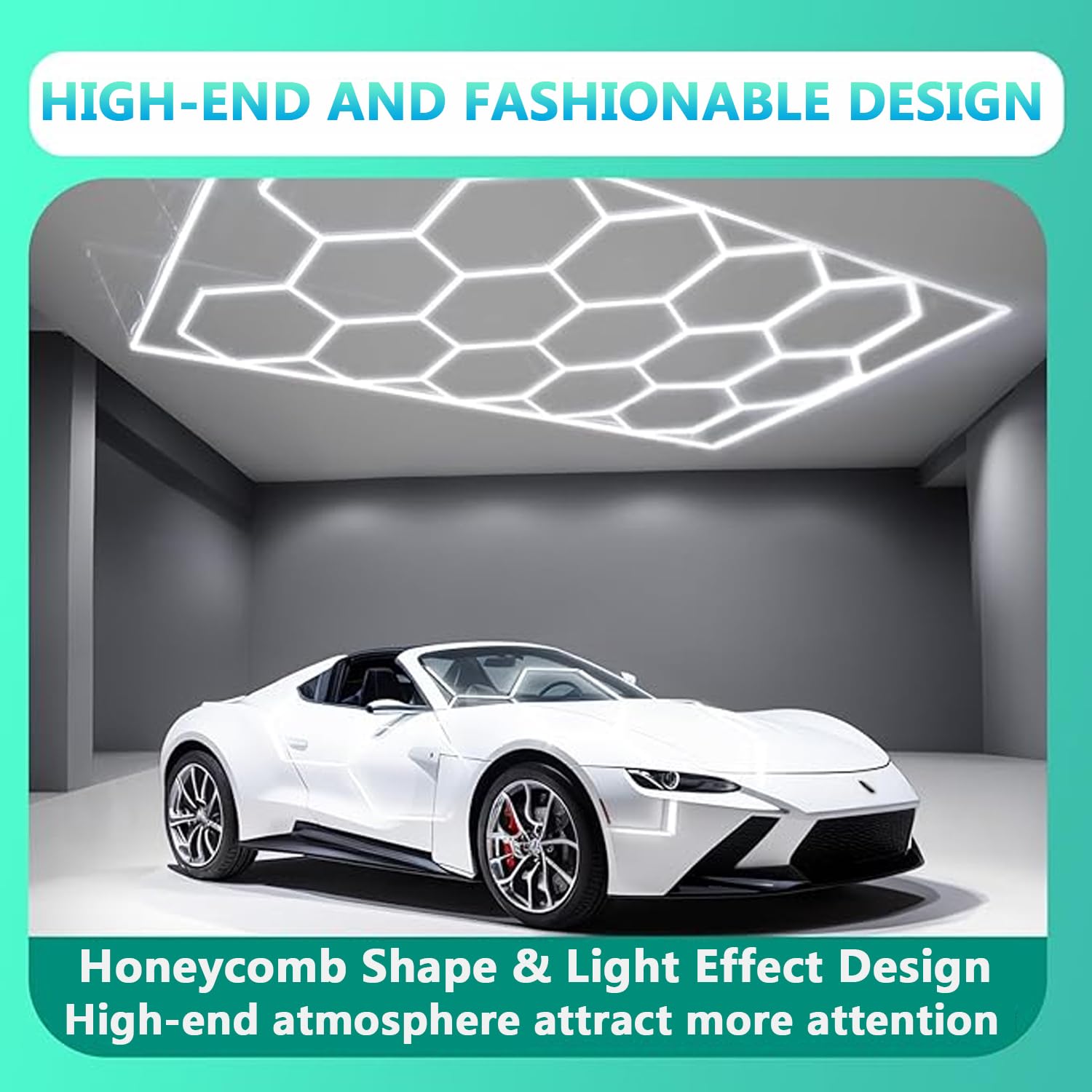 DHXYHQY Hexagon Garage Lights with Rectangle Frame, High Brightness 672W 90000LM 6500K, Hexagon Honeycomb Lights, 14 Hex Grid for Garage, Shop, Basement, Car Detailing Shop etc.