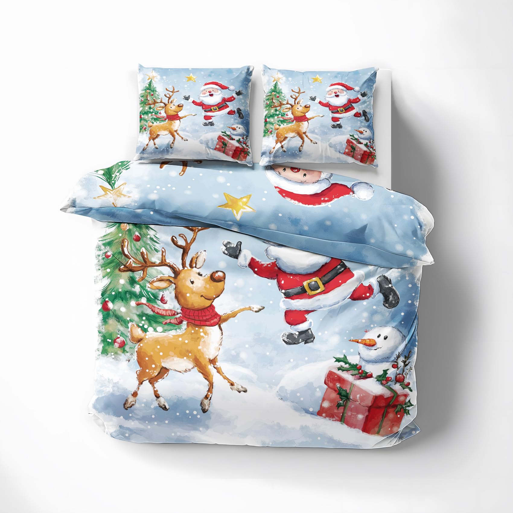 Epzylqyr Cute Santa Claus Duvet Cover King Size, Reindeer Duvet Cover Set 3 pcs, Christmas Tree Bedding Set with Zipper Closure, 1 Duvet Cover 104x90 inches and 2 Pillow Shams