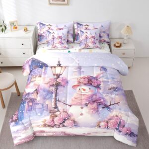 Feelyou Kids Christmas Bed in A Bag Queen Size, Snowman 7 Pieces Bedding Set Boys Girls Snowflake Comforter Set with Sheets Rose Floral Flower Teens Bed Set Bedroom Decor 7Pcs