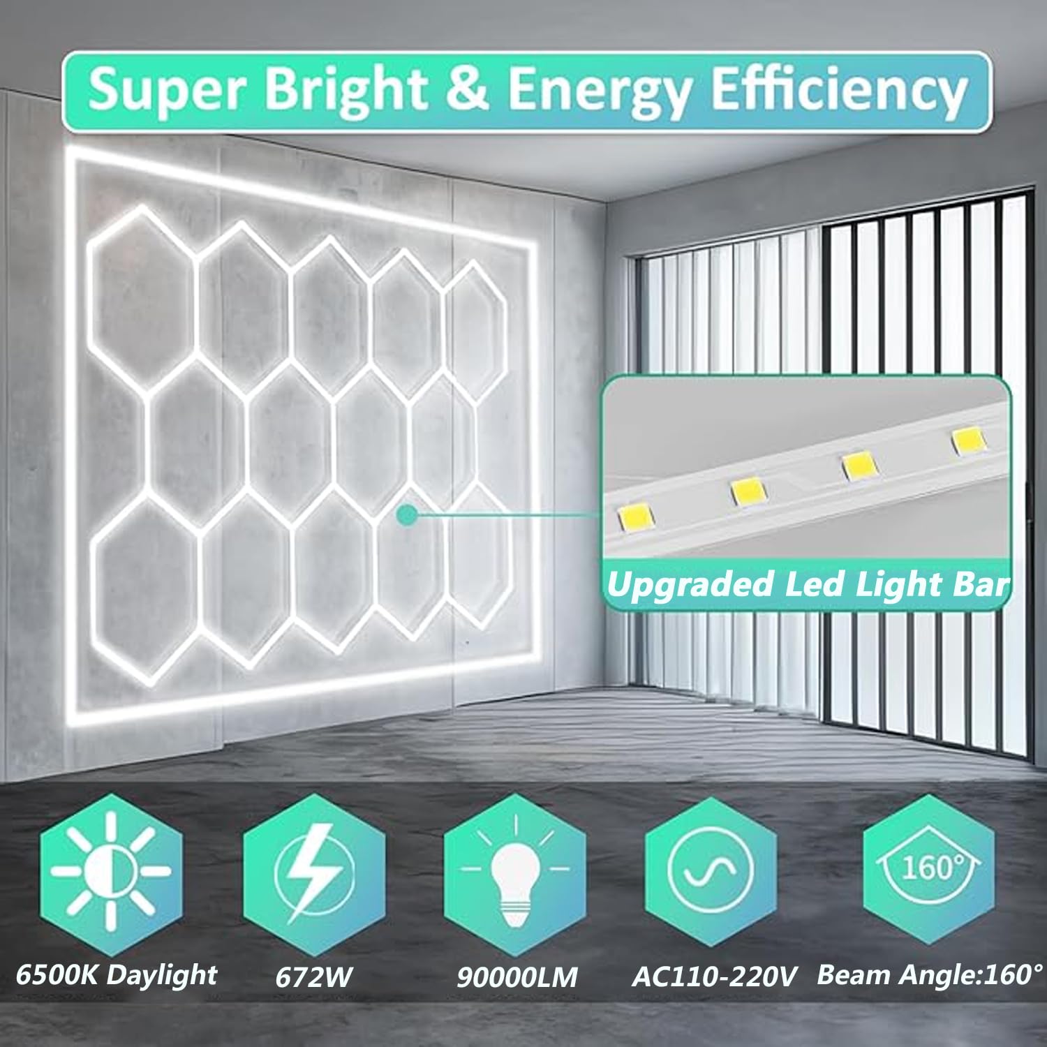 DHXYHQY Hexagon Garage Lights - 672W 90000LM Hexagon LED Shop Lights, 14 Grid Aluminum Alloy Shell Hex Garage Led Ceiling Lights with White Frame, Hexagon Led Lights for Garage